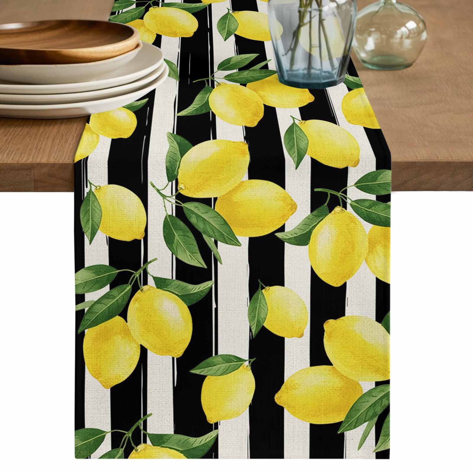 Yellow Lemons Table Runner 36 Inches, Summer Citrus Fruits Leaves Black ...