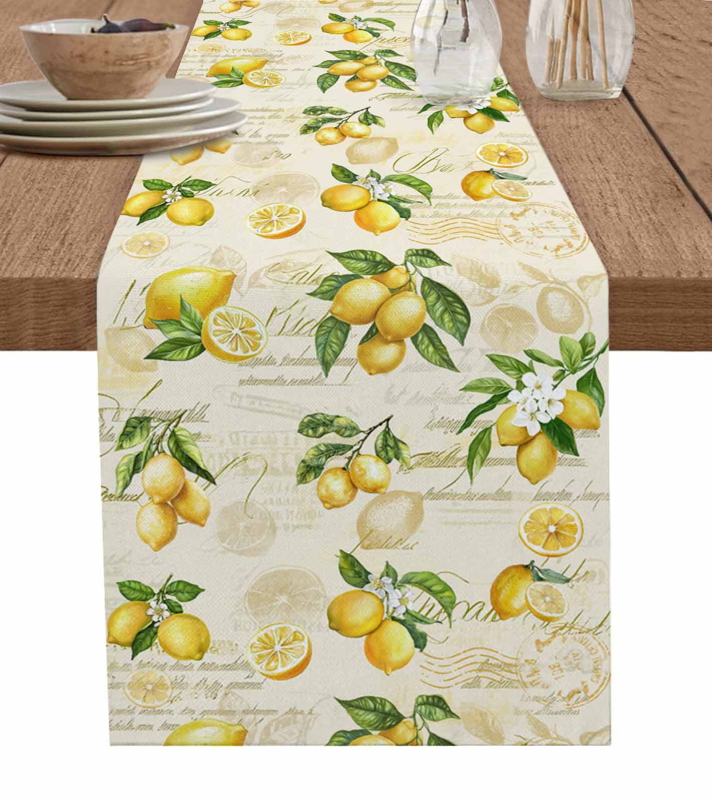 Yellow Lemons Table Runner 48 Inches, Summer Botanical Fruit Leaves ...