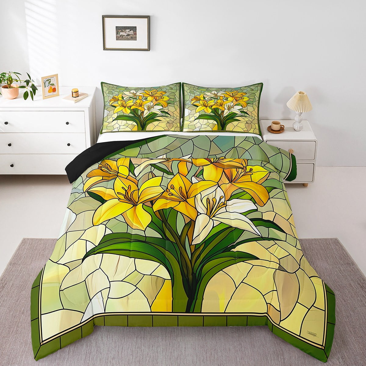 Yellow Lily Comforter Set,Nature Garden Blooming Flowers Romantic ...