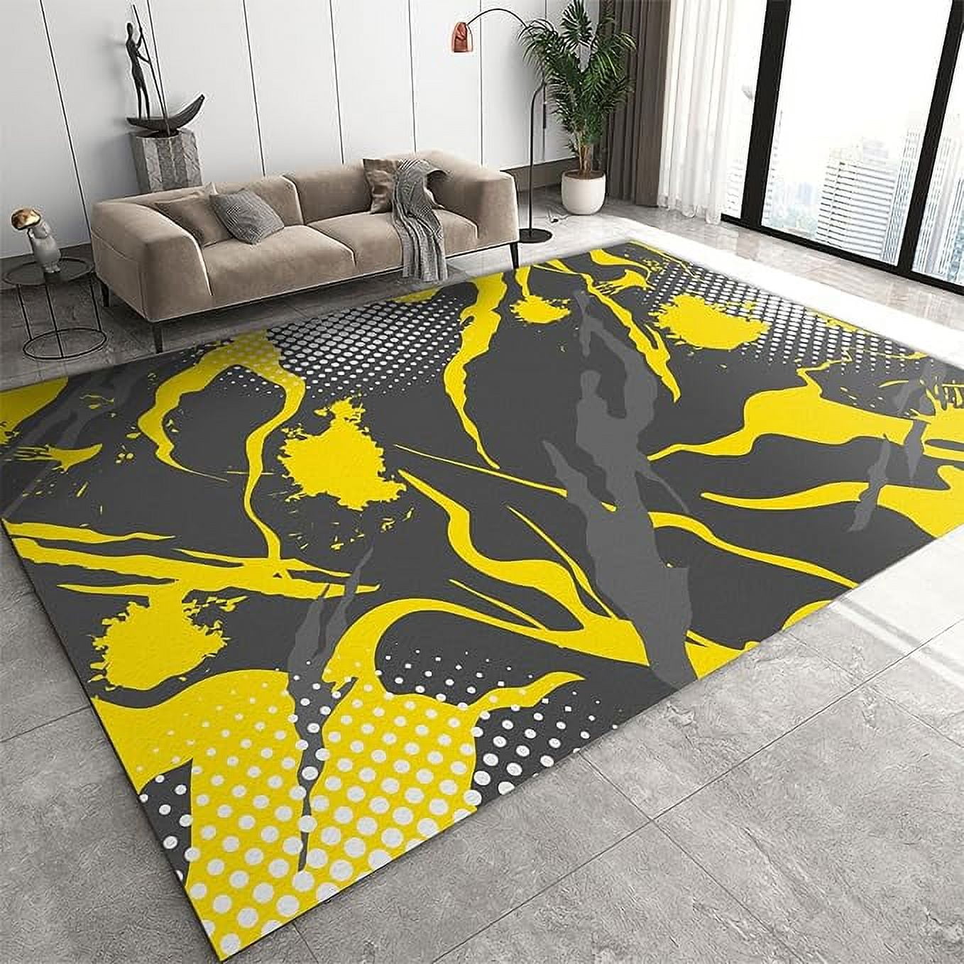 Yellow Line Graffiti Area Rug, Black Yellow Abstract Line Area Rug For Bedroom, Easy Clean ...