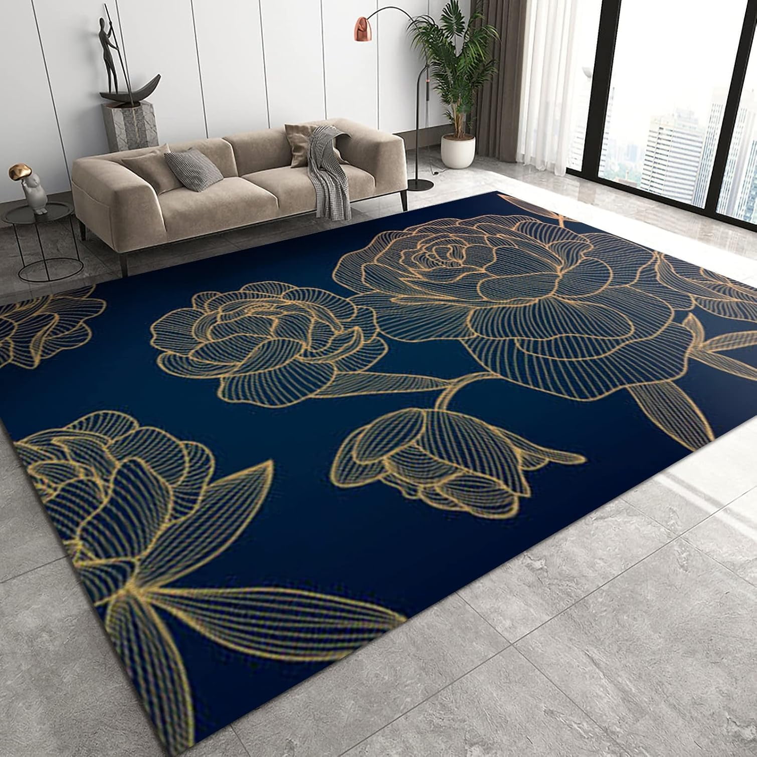 Yellow Line Rose Flower Rug, Large Living Room Rug, Bathroom Rugs Soft ...