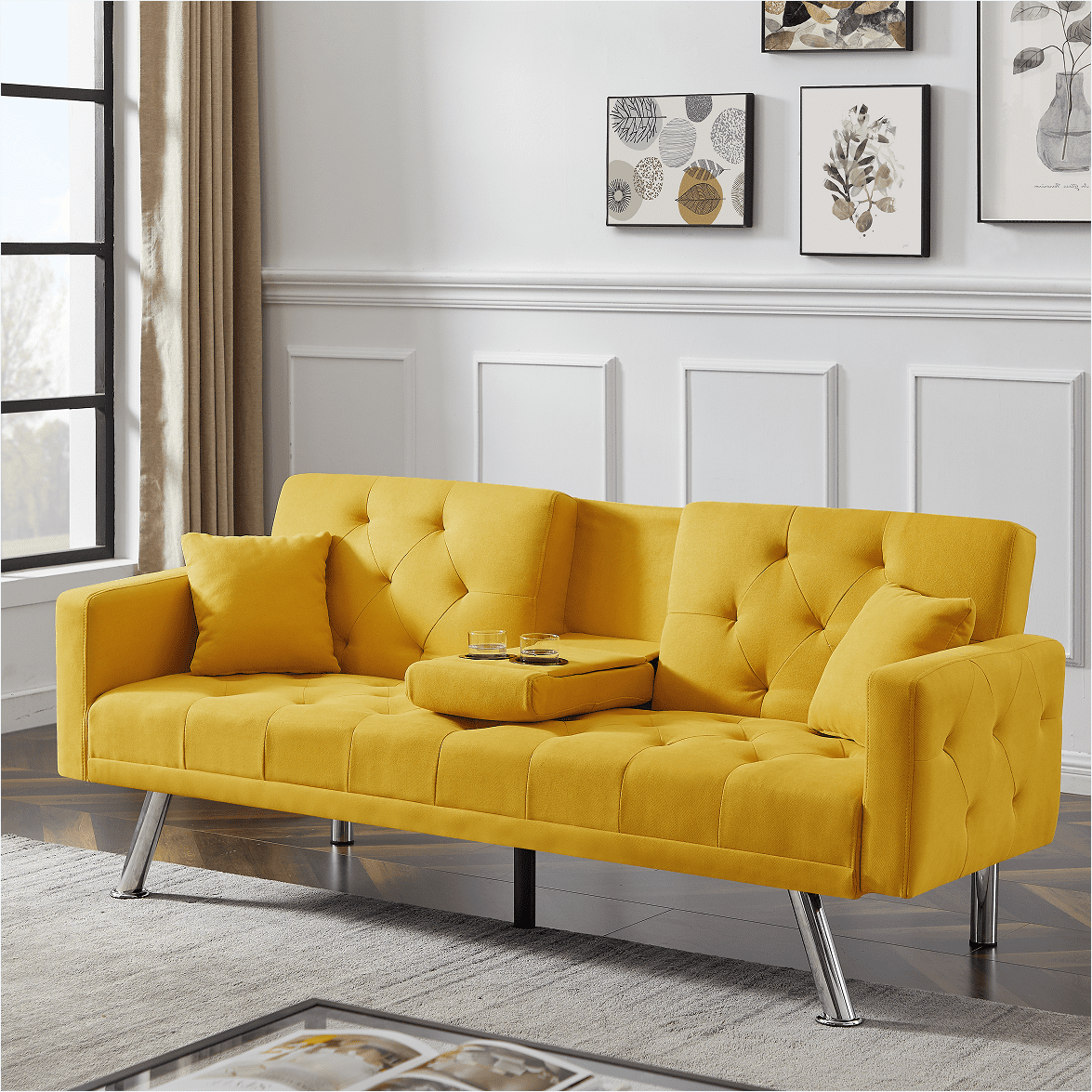 Yellow Linen Convertible Sofa Bed with Arm Armrests, Cup Holder, Two ...