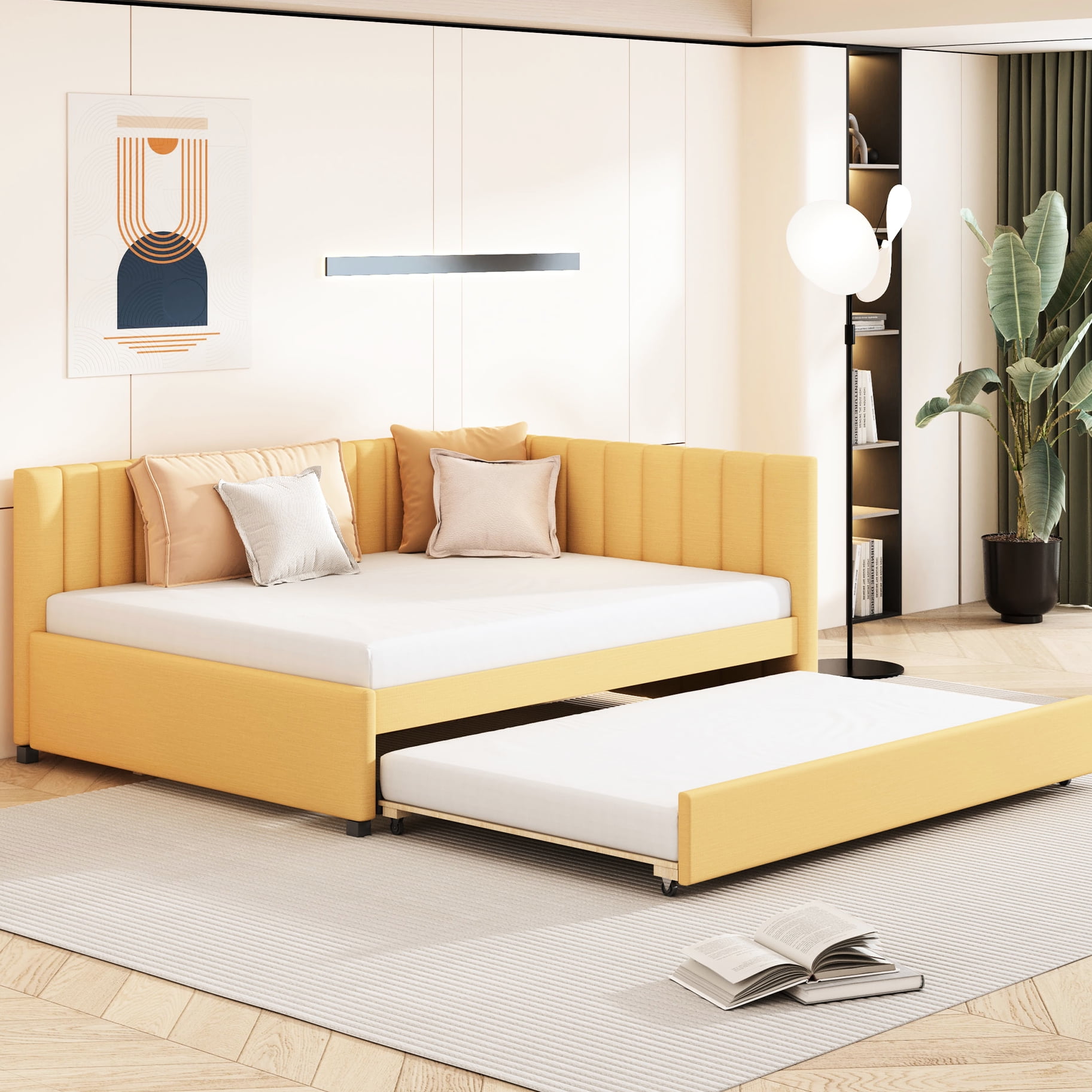 Yellow Linen Daybed With Expandable Trundle, No Box Spring, Wood Frame ...