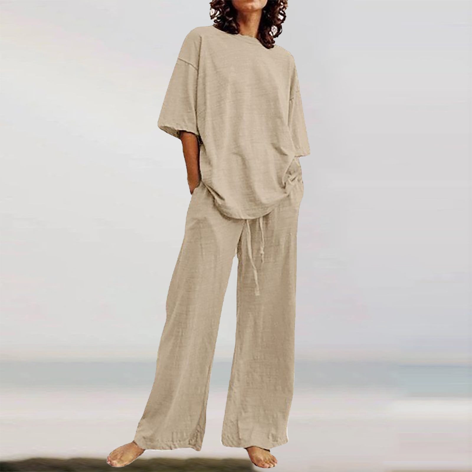 Yellow Linen Leisure Crew Neck Weekend Comfort Waist Women's Trousers ...