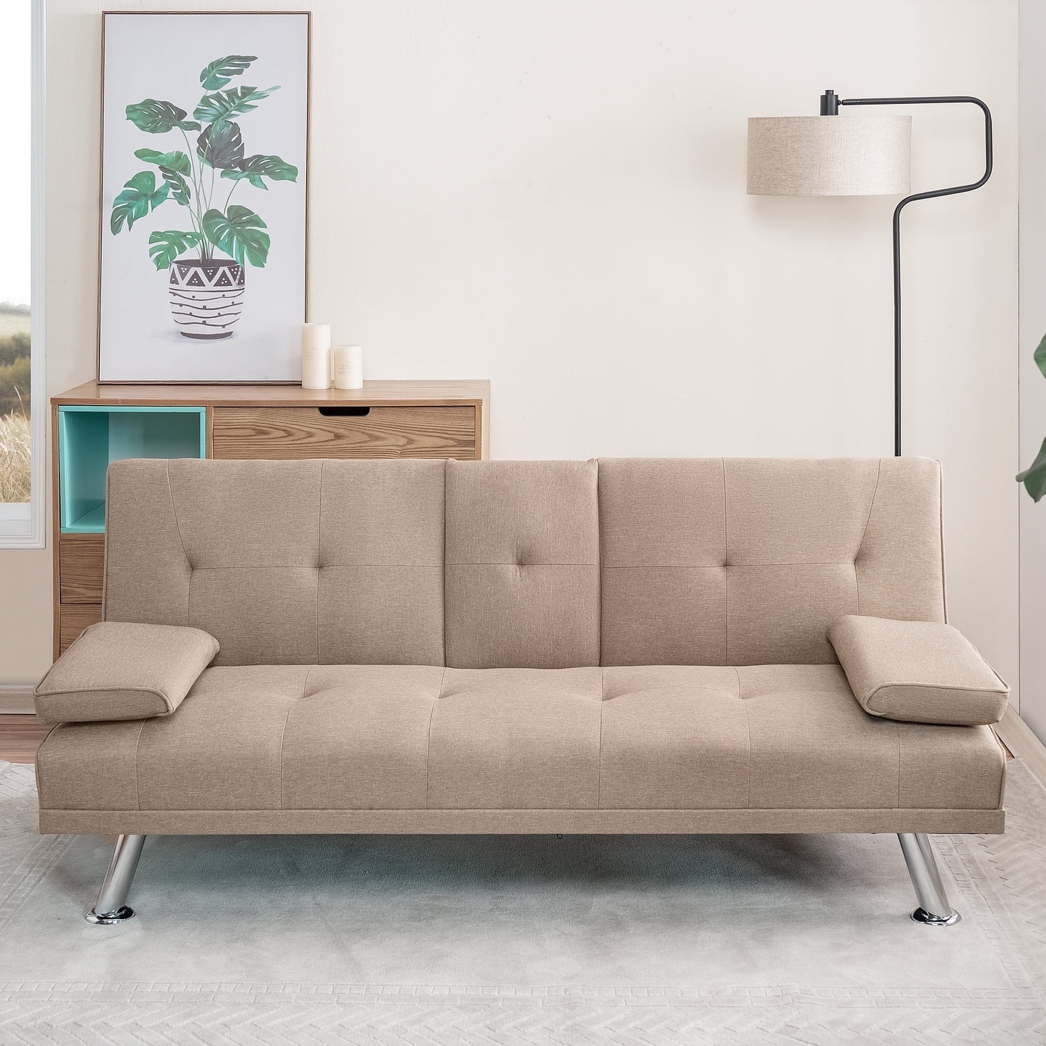 Beige, Linen Stylish Linen Futon with Cup Holders Versatile Couch Bed ...