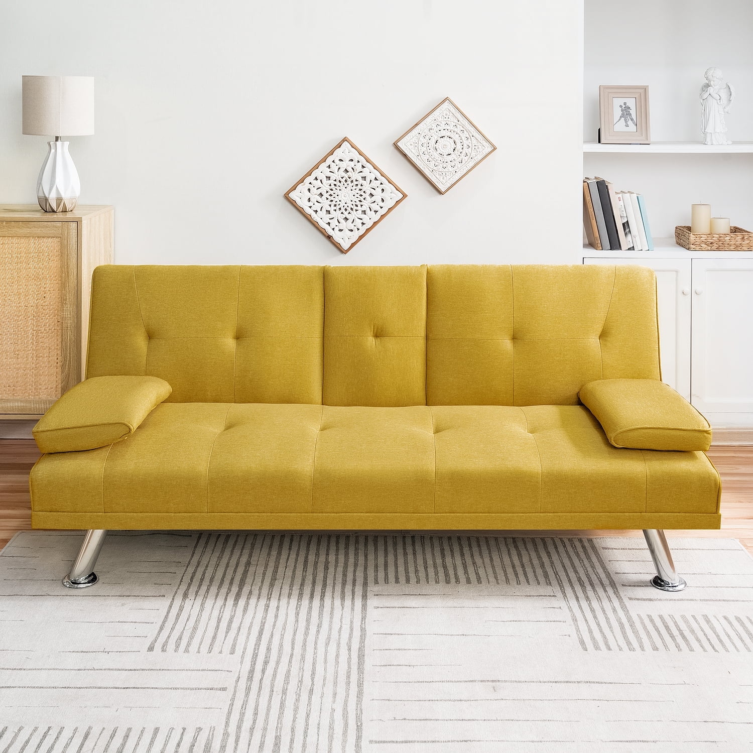 Yellow, Linen Stylish Yellow Linen Futon with Cup Holders Versatile ...