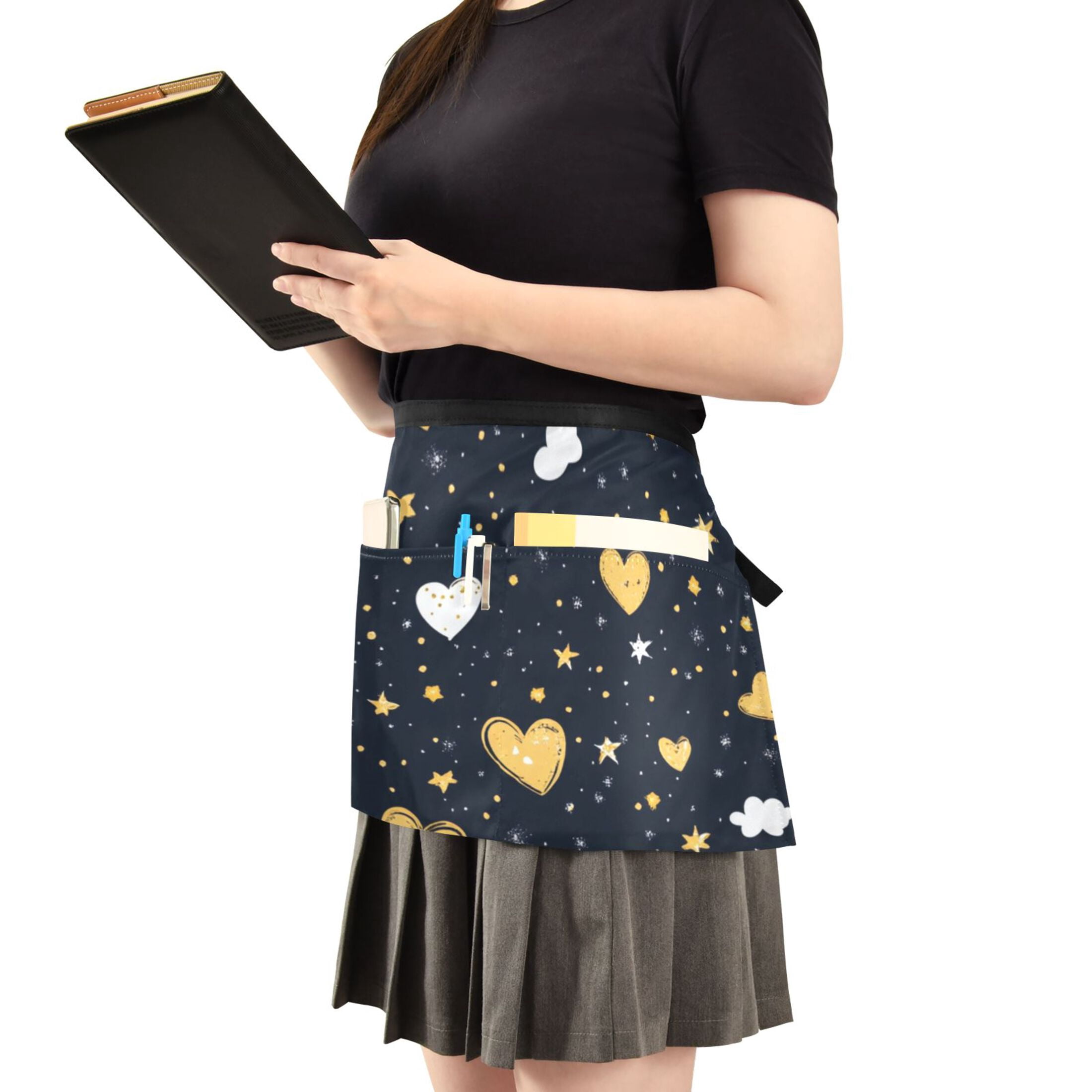Yellow Love Heart Server Apron with 3 Pockets Waist Apron for Waiter ...
