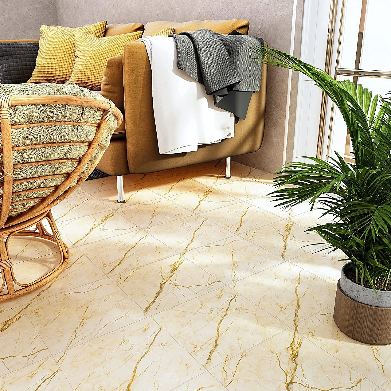 Yellow Marble Vinyl Flooring Peel and Stick Floor Tile Waterproof 12 ...