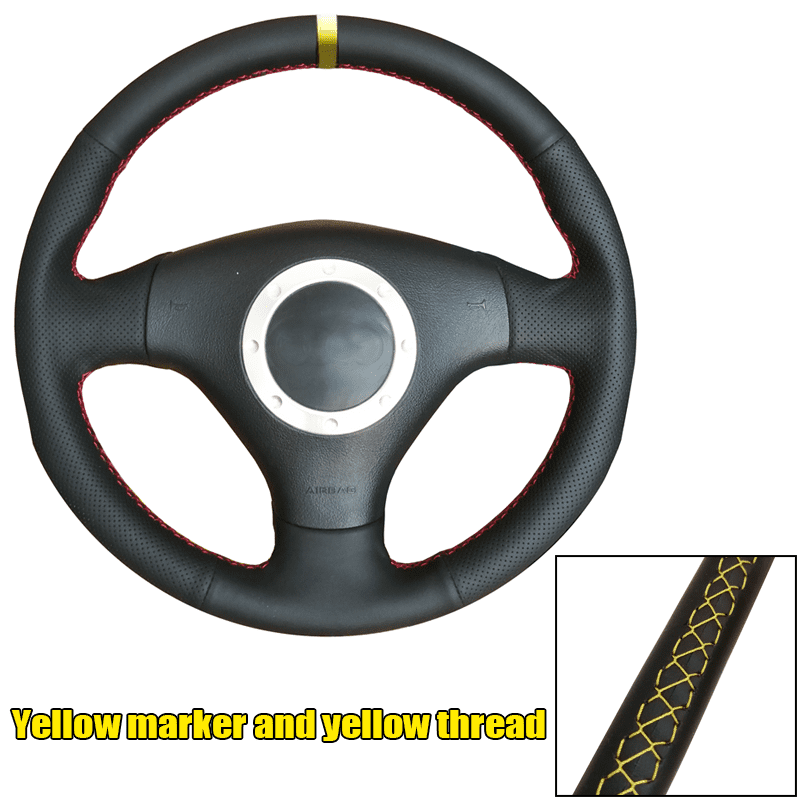 (Yellow Marker)Black Leather Red Marker Car Steering Wheel Covers for ...