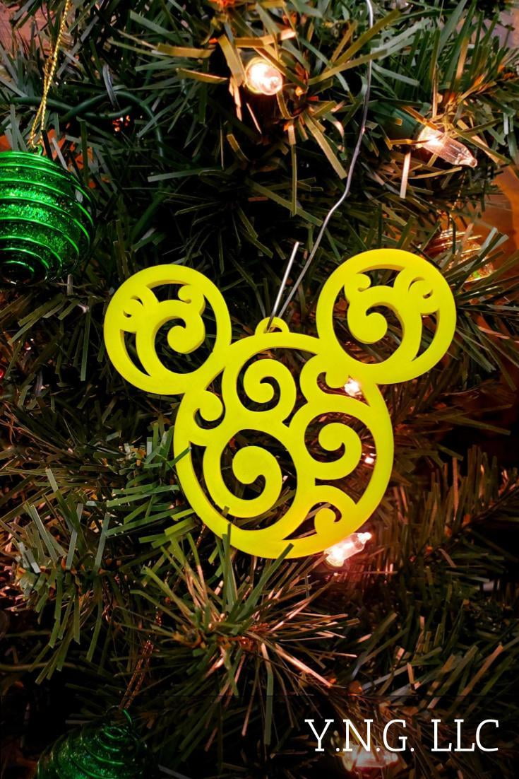 Yellow Mickey Mouse Head Ears Swirl Design Ornament Christmas Decor ...