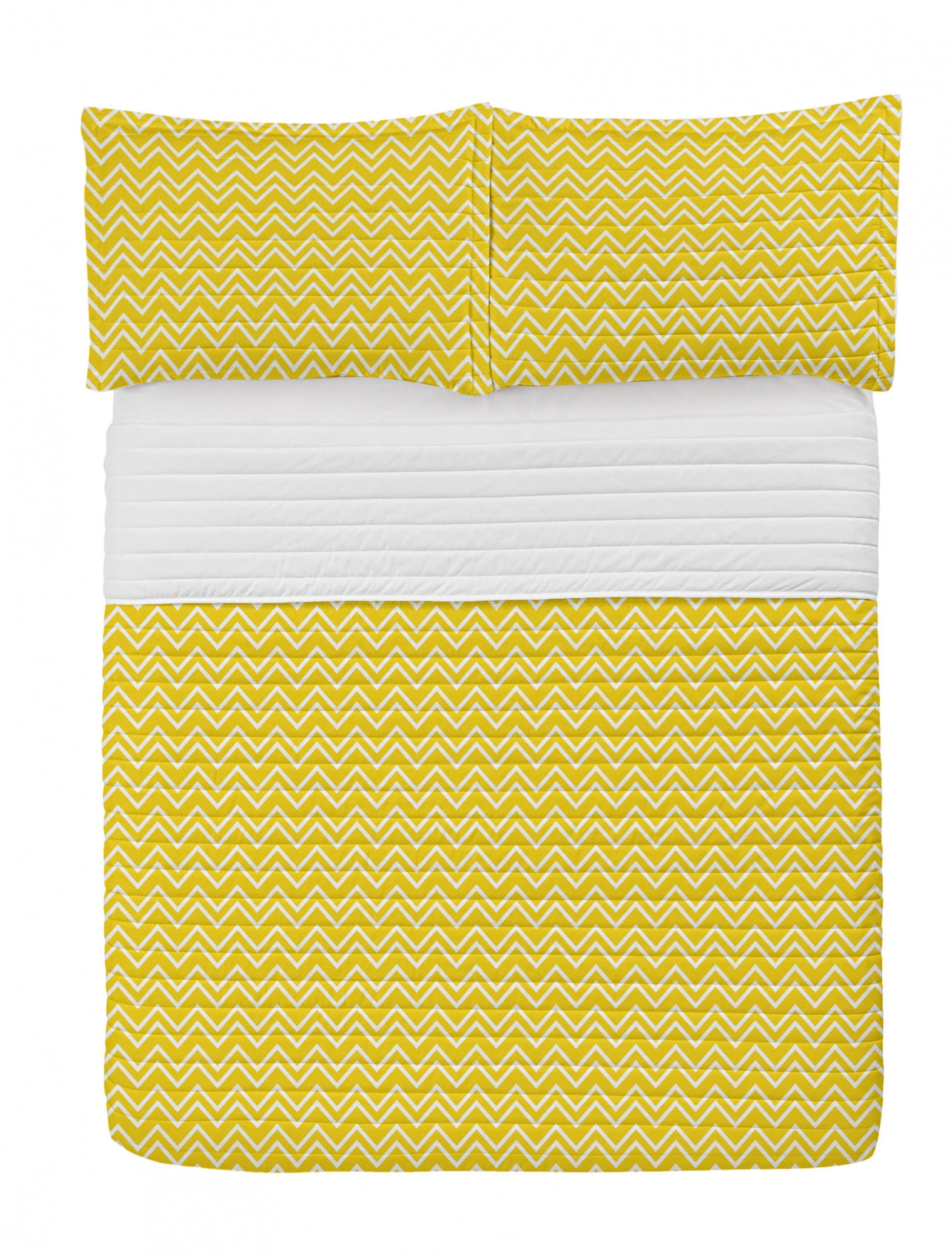 Yellow Microfiber Bedspread Set, Zig Zag Chevron Pattern in Yellow and ...