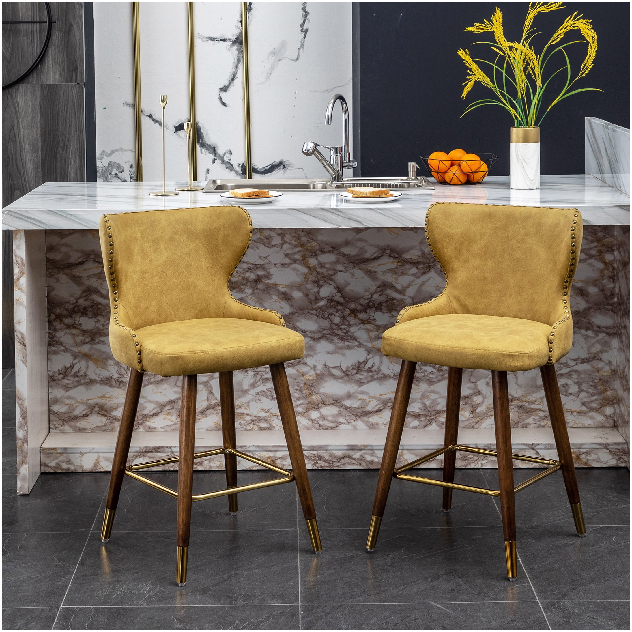 Mid-Century Style Counter Stools Set of 2, Yellow Faux Leather Bar ...