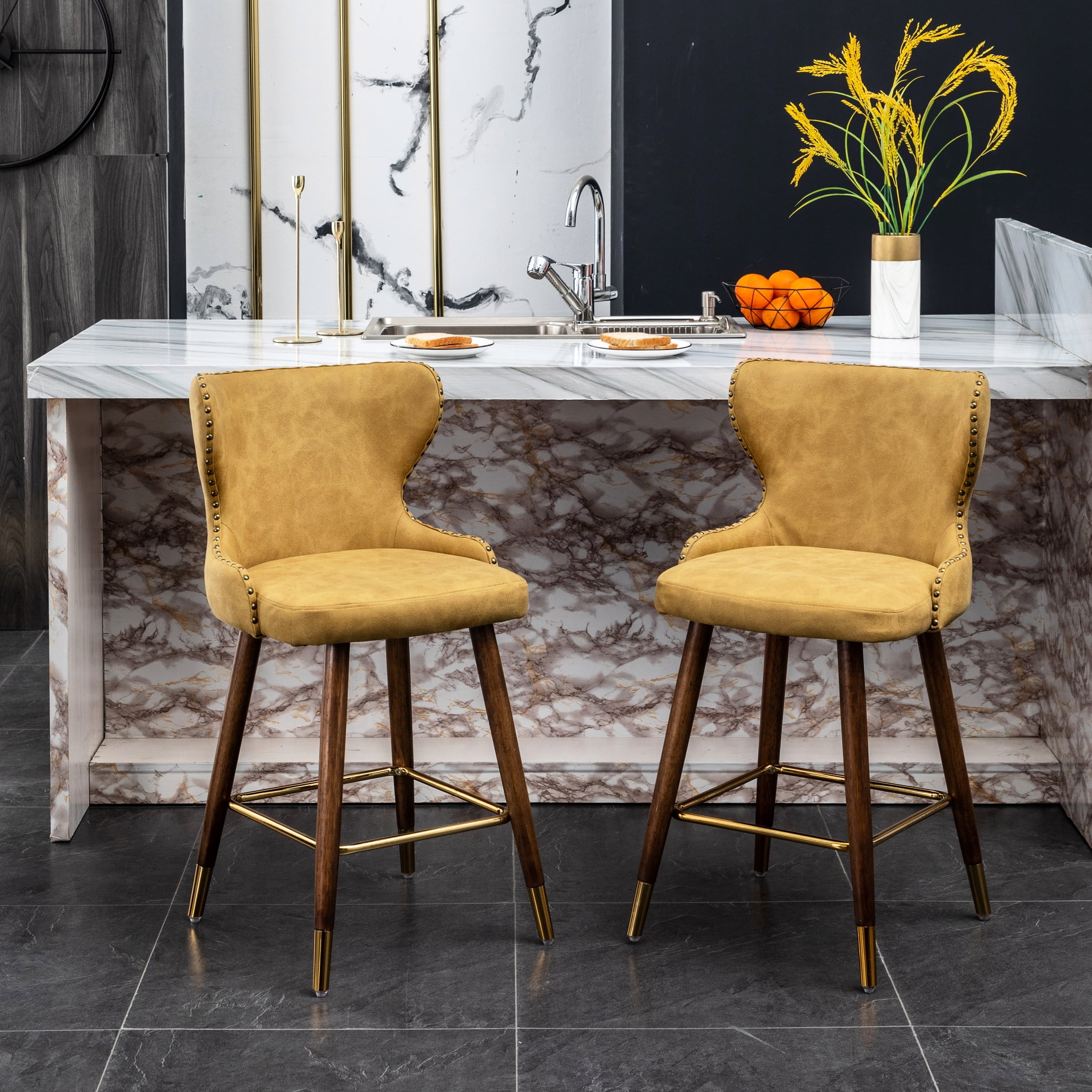 Yellow Mid-century Modern Stools (2) - Fabric Upholstery, Curved Seat ...