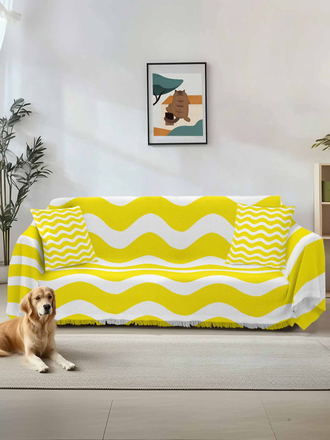 Yellow Moire Couch Cover, Water Ripple Stripe Farmhouse Sofa Cover ...