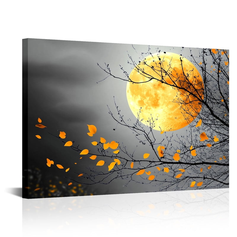 Yellow Moon Behind Tree Canvas Prints Framed Wall Art Decor Picture ...