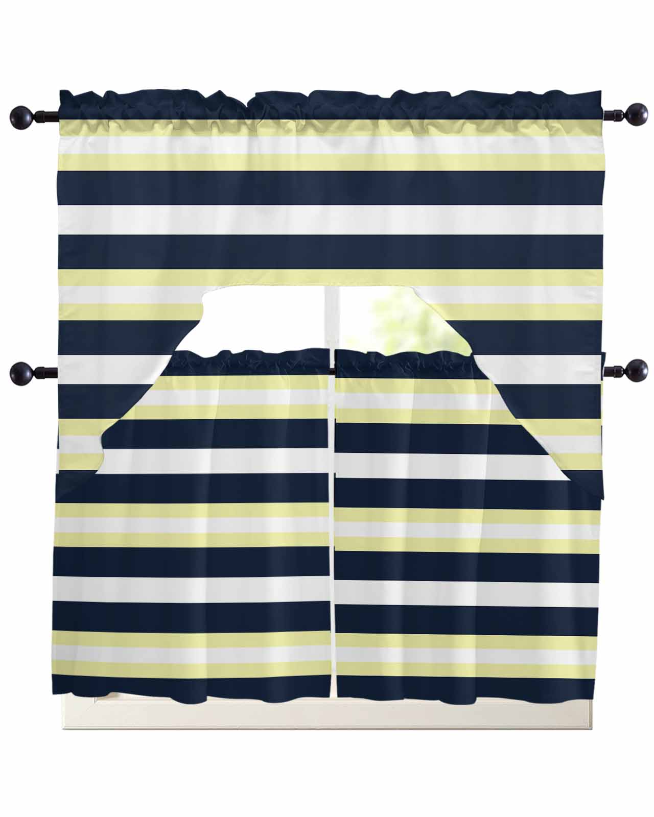 Yellow Navy Blue Striped Kitchen Curtains Swag Valance and Tier ...