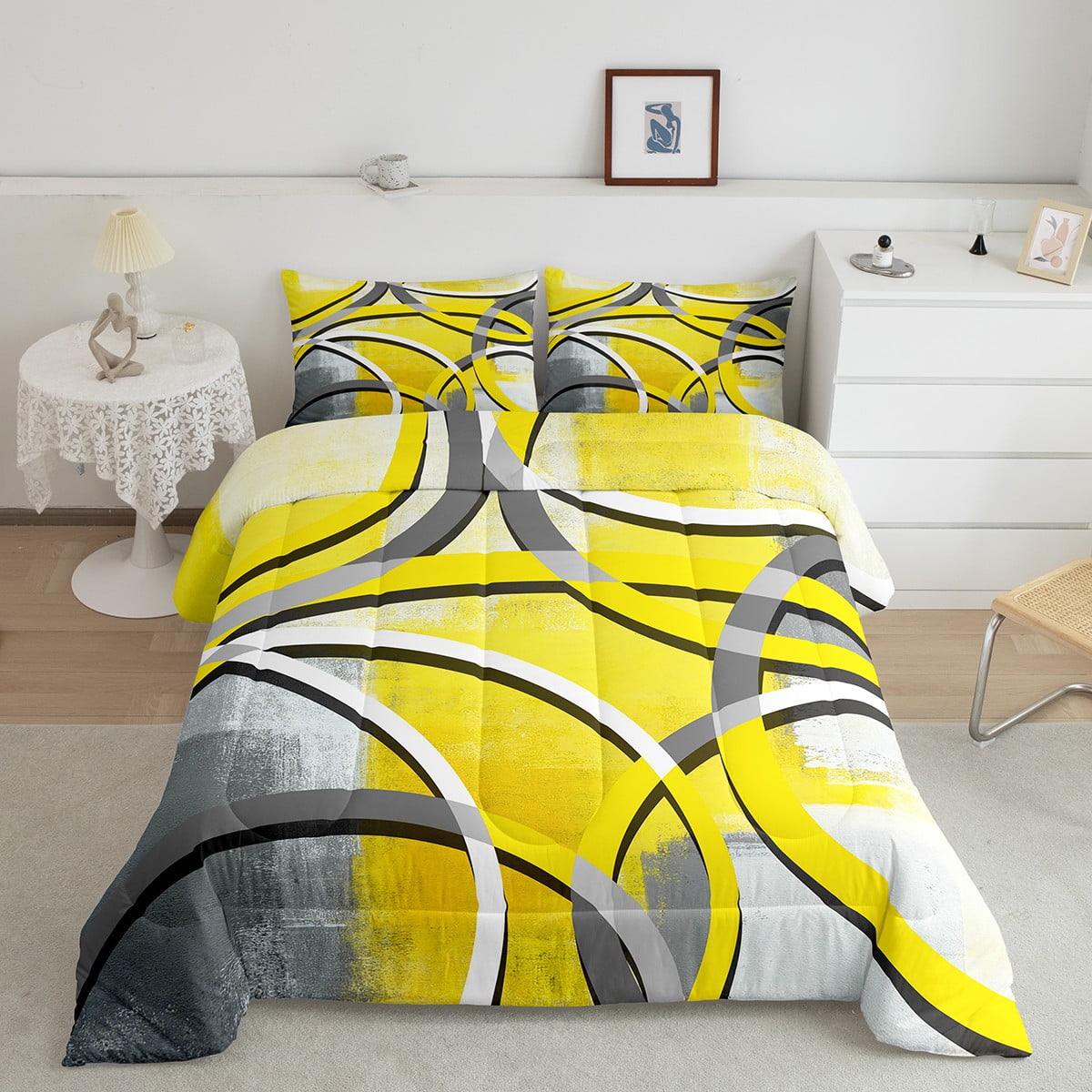 Yellow Ombre Bedding Set Twin Modern Art Aesthetic Comforter Set, Grey ...
