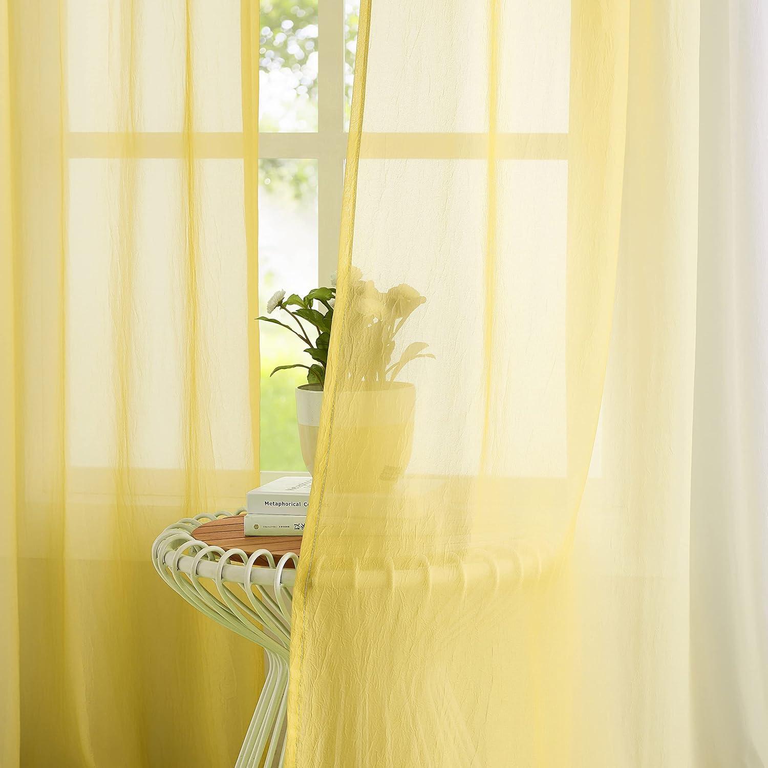 Yellow Ombre Chiffon Sheer Window Curtain Panels 63 Inch Long Crinkle ...