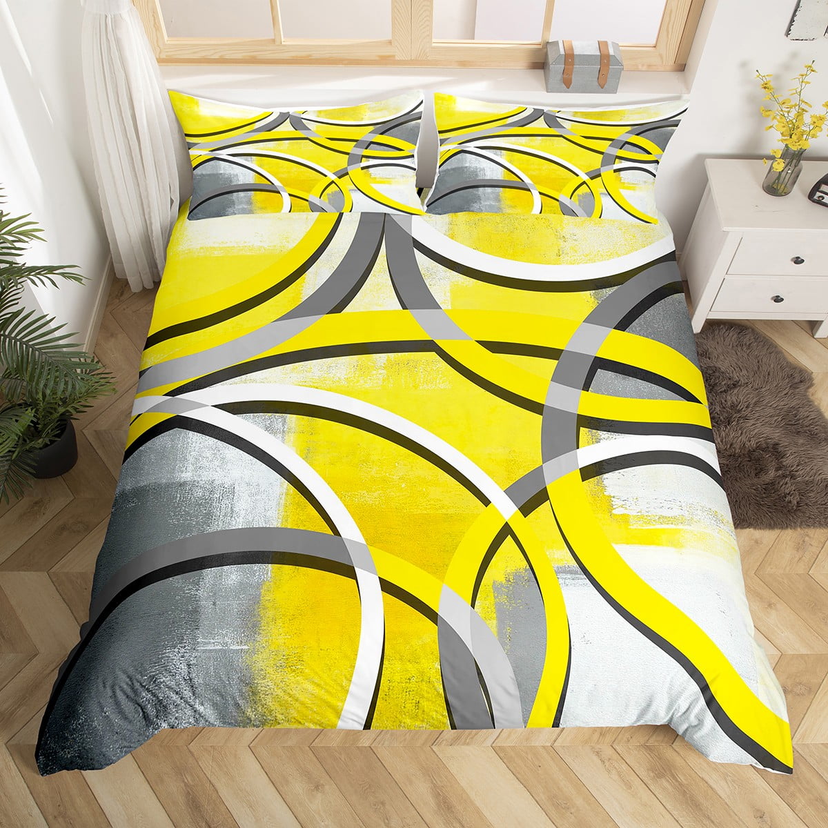 Yellow Ombre Comforter Cover Modern Art Aesthetic Bed Set, Grey White ...