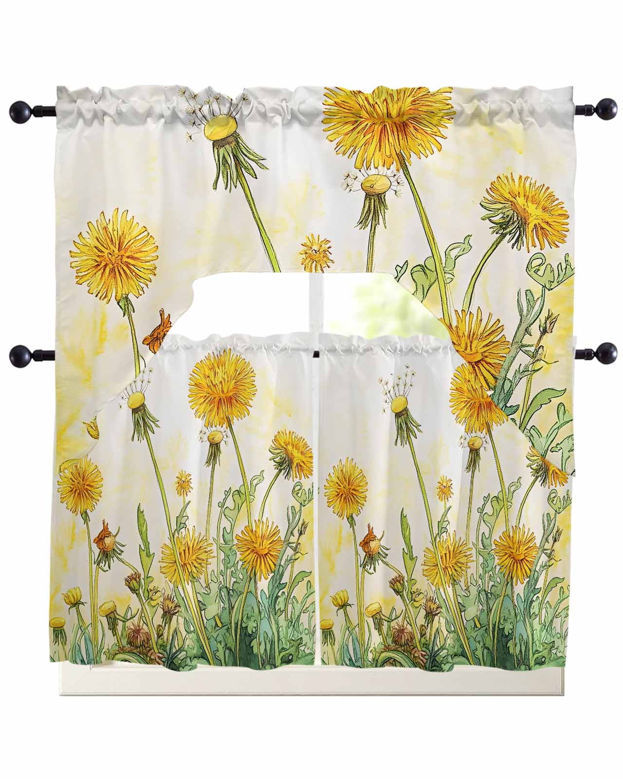 Yellow Ombre Floral Kitchen Curtains Sets 24 Inch Length with Valance ...