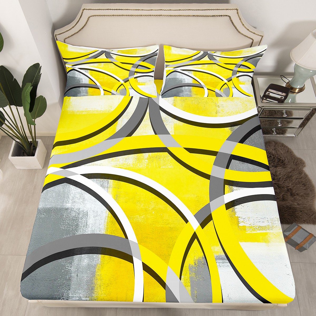 Yellow Ombre Full Fitted Sheet Modern Art Aesthetic Sheets, Grey White ...