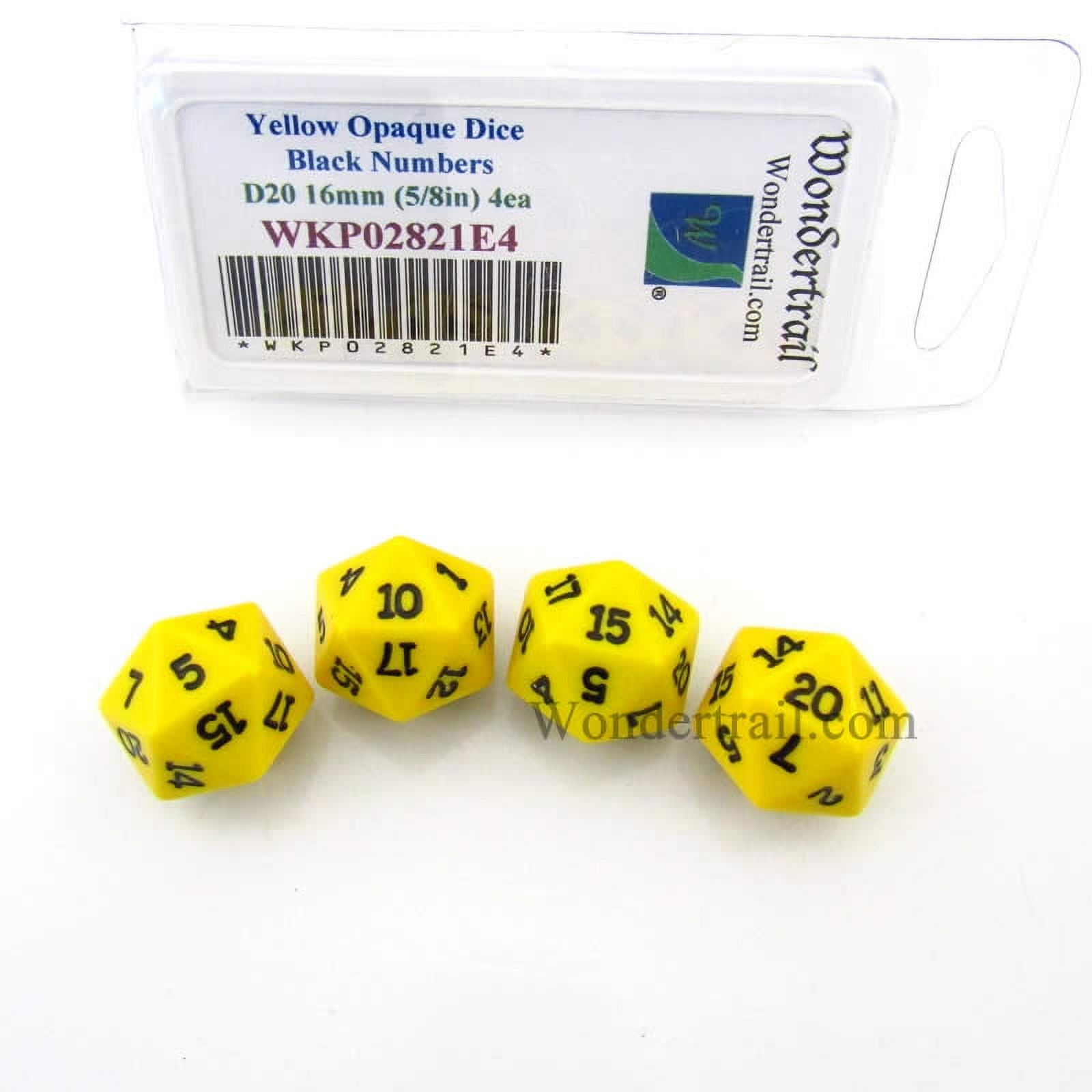 Yellow Opaque Dice with Black Numbers D20 16mm (5/8in) Pack of 4 ...