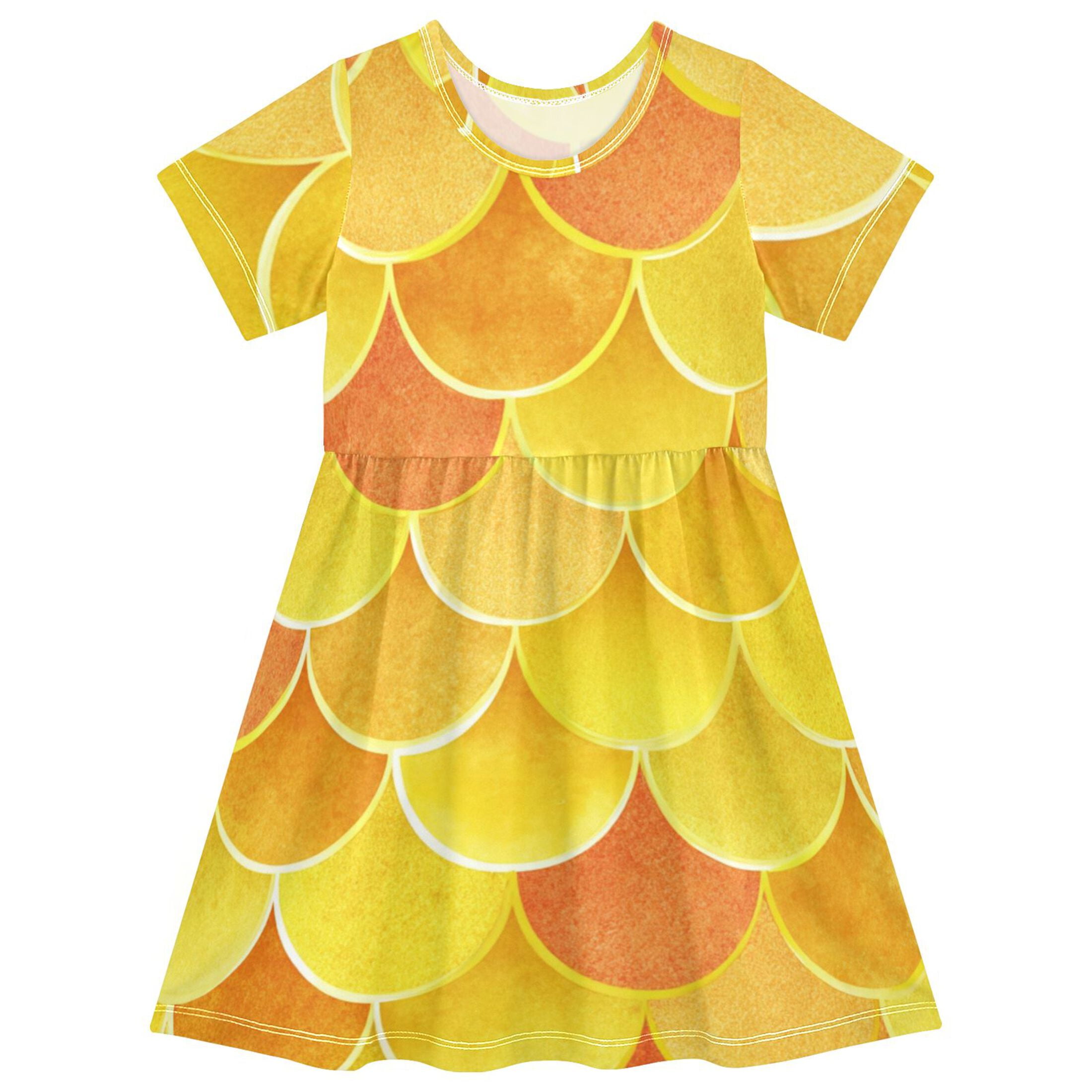 Yellow Orange Fish Scales Girls' Short Sleeve Dress A-Line One-Piece ...