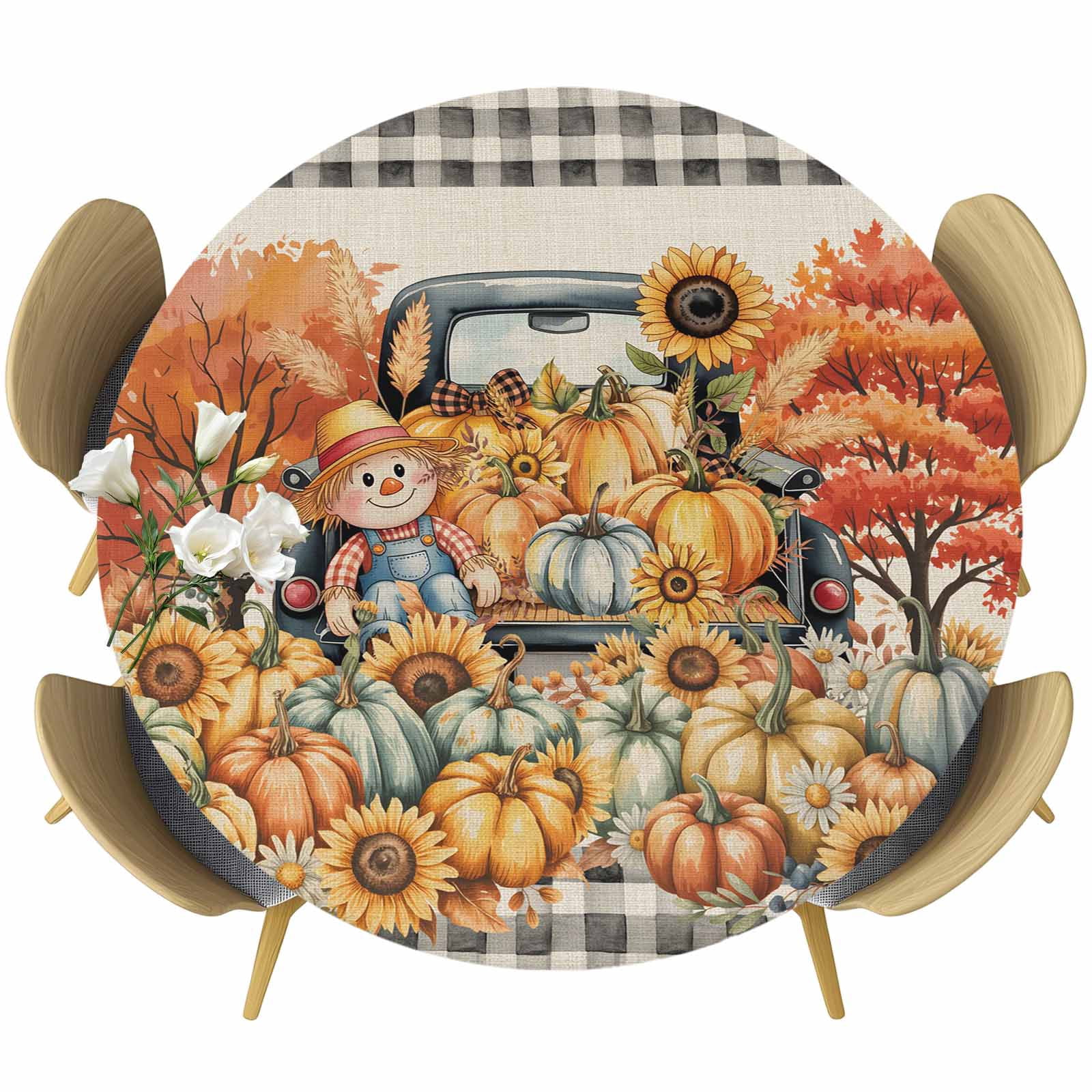 Yellow Orange Pumpkin Fall Round Tablecloth, Fitted Table Cover with ...