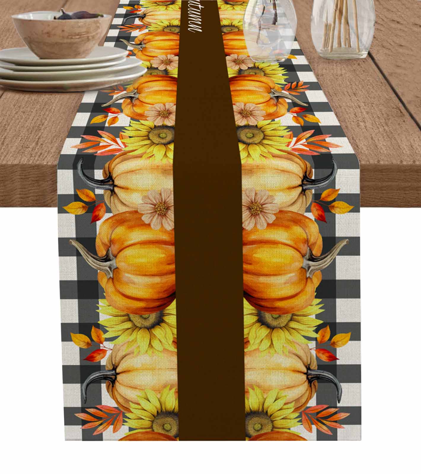 Yellow Orange Pumpkins Fall Burlap-Cotton Table Runner 60 Inches Long ...