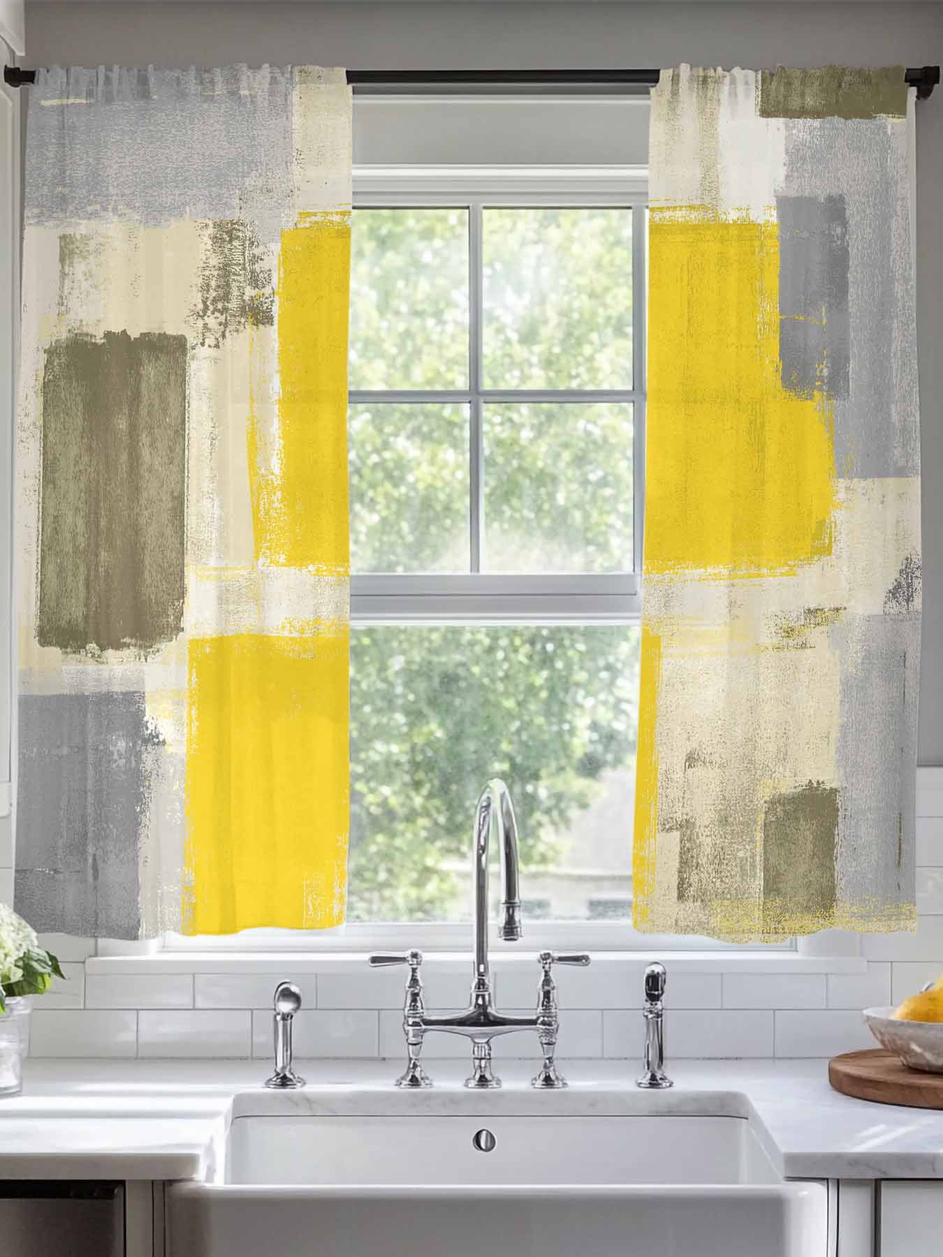 Yellow Paint Sheer Curtains 63 Inches Long 2 Panels Abstract Mottled ...