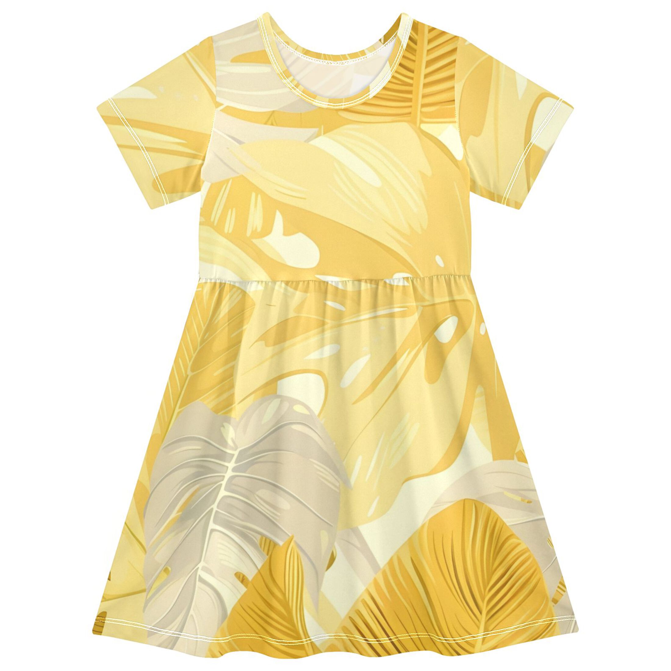 Yellow Palm Leaves Girls' Short Sleeve Dress A-Line One-Piece Dress UPF ...