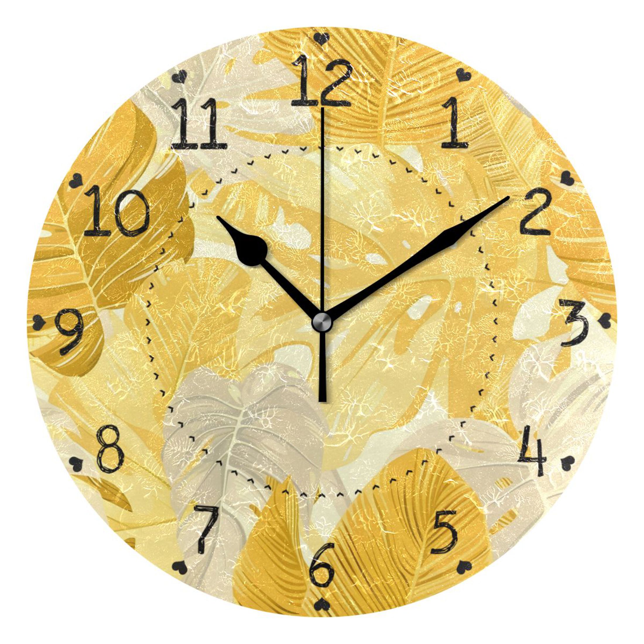 Yellow Palm Leaves Round Wall Clock Silent Analog Battery Operated ...