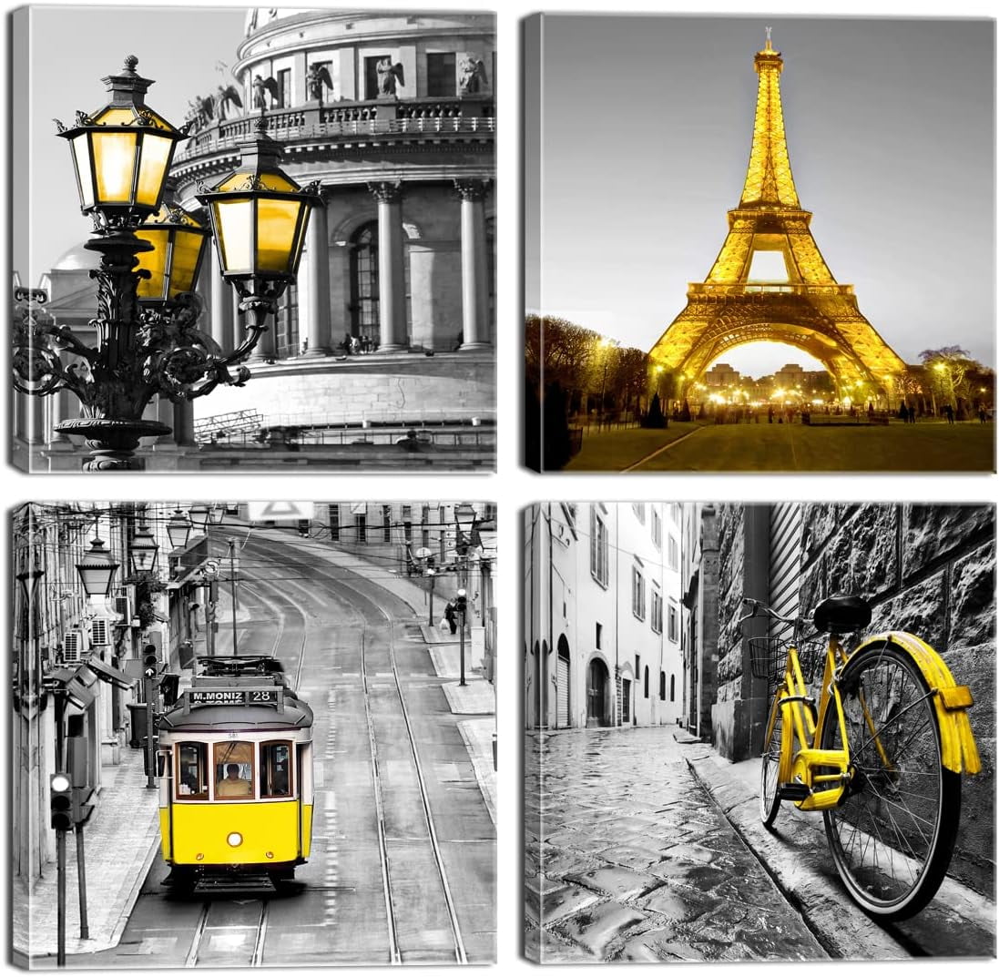 Yellow Paris Eiffel Tower Decor Black and White City Canvas Wall Art ...