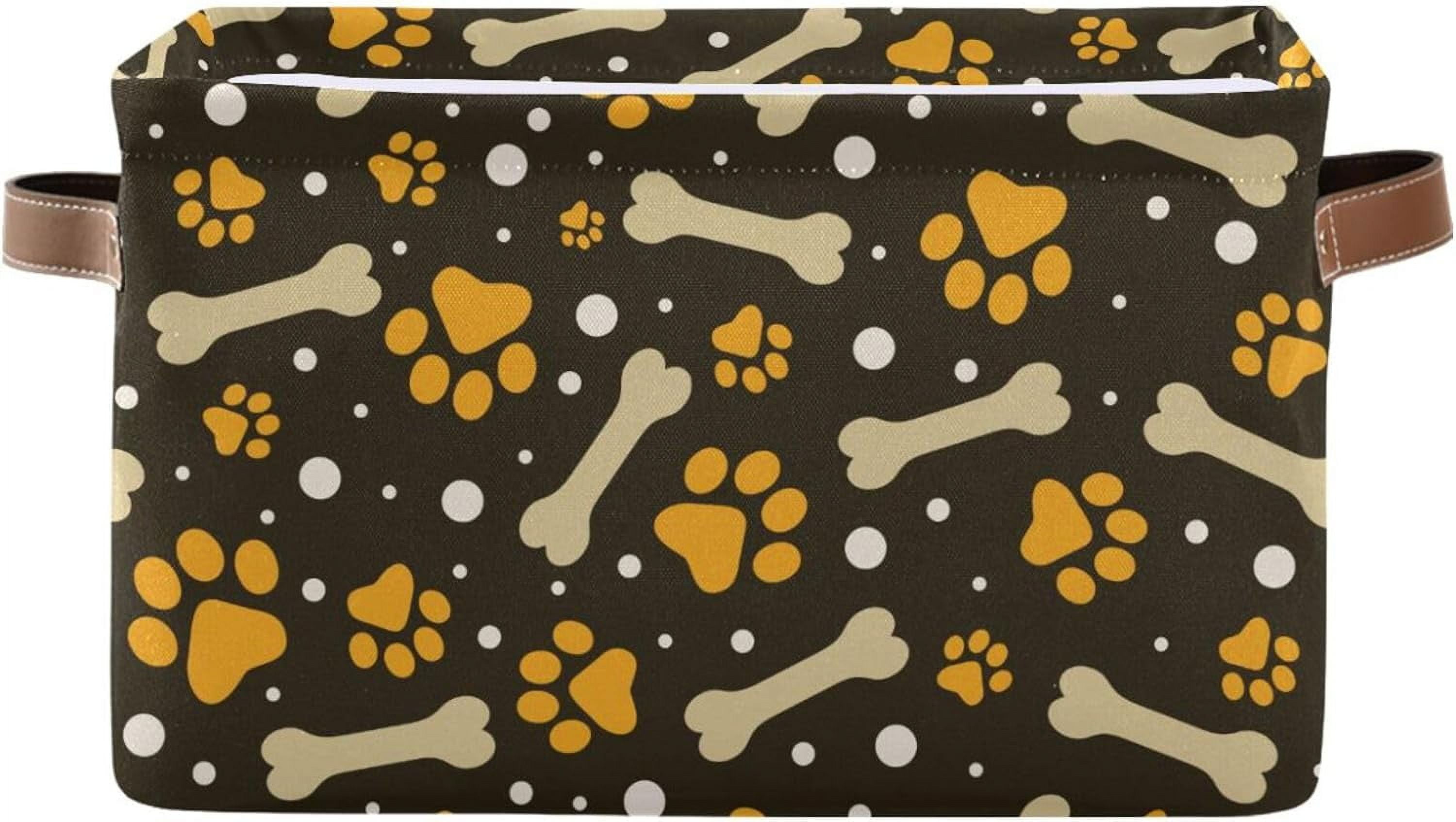Yellow Paw Print and Bone Storage Basket, Durable Canvas Organizer With ...