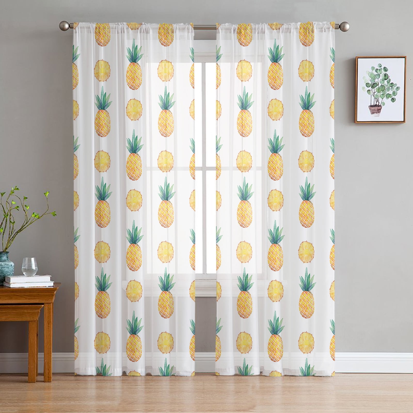 Yellow Pineapple Fruit Flower Tulle Curtains for Living Room Bedroom ...