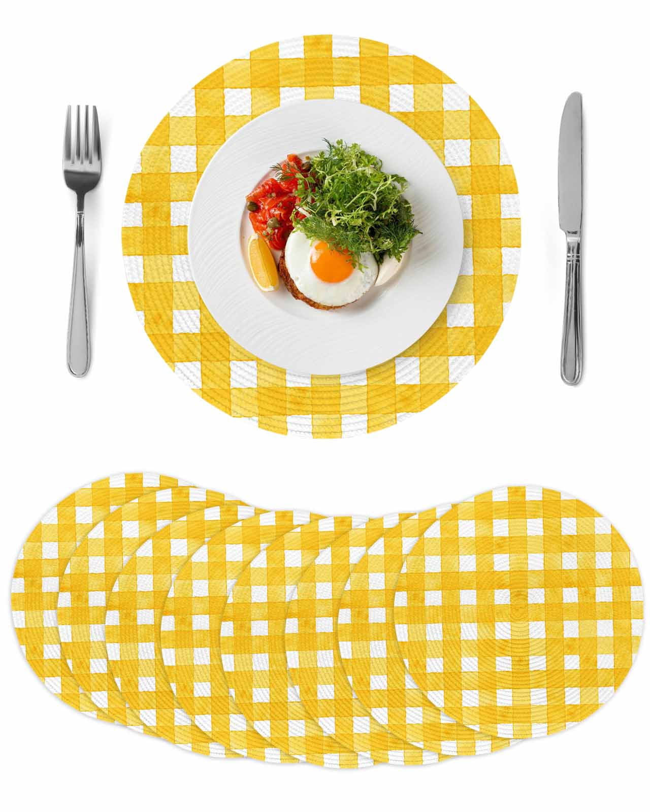 Yellow Plaid Round 13 Inch Placemats Set of 8, Watercolor Grid Checker ...