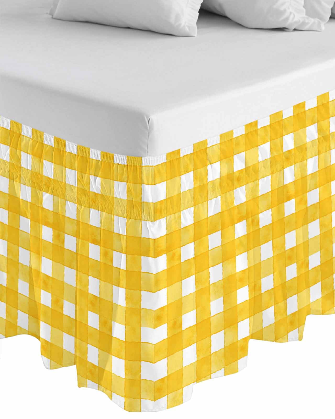 Yellow Plaid Wrap Around Bed Skirts for Queen Bed 16" Drop,Bed Skirt ...
