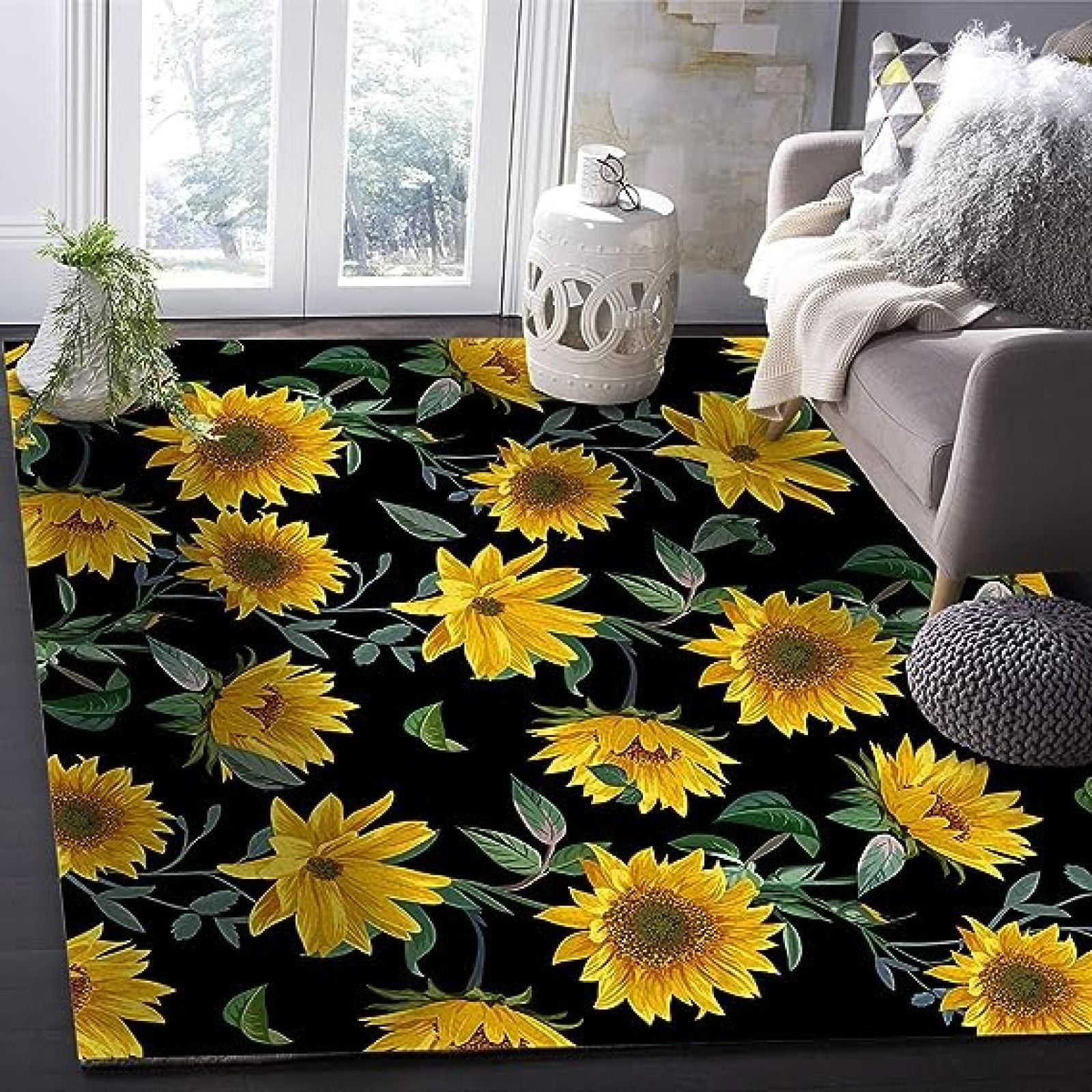 Yellow Plant Sunflower Area Rug, Vintage Style Indoor Non-Slip Kids ...