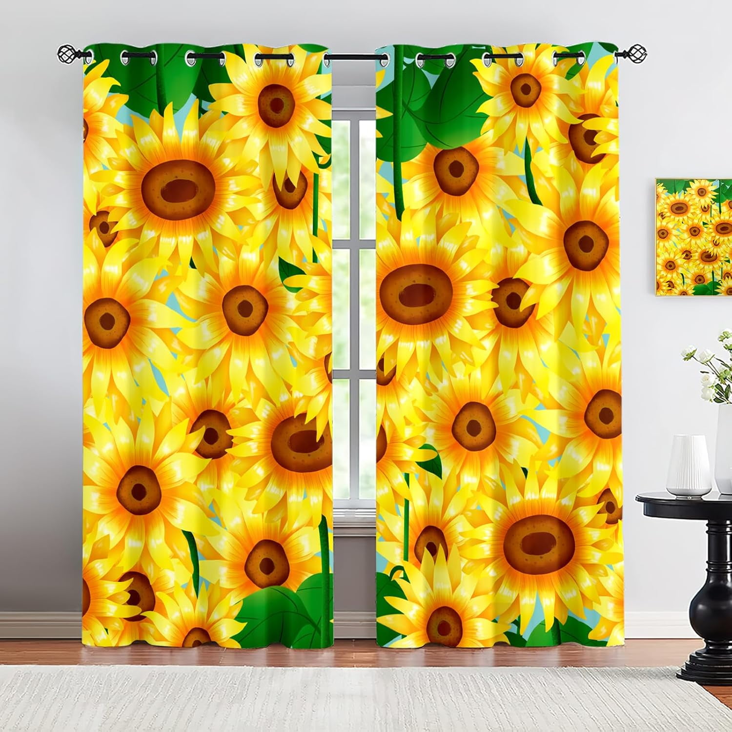 Yellow Plant Sunflower Washable Drapes, Cartoon Style 3D Print Window ...