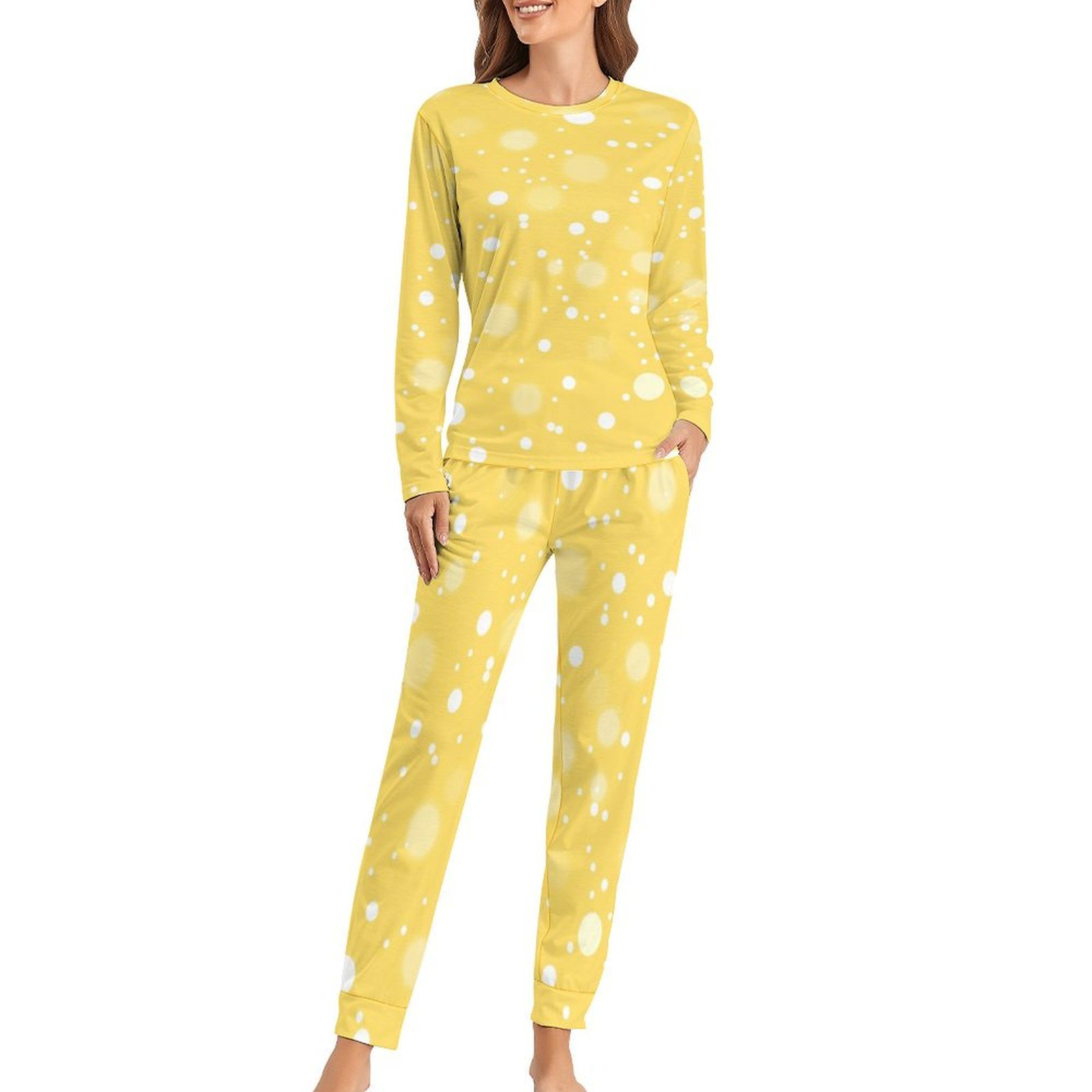 Yellow Polka Dot Background Pajamas 2 Pieces Pajama Sets Woman Long ...