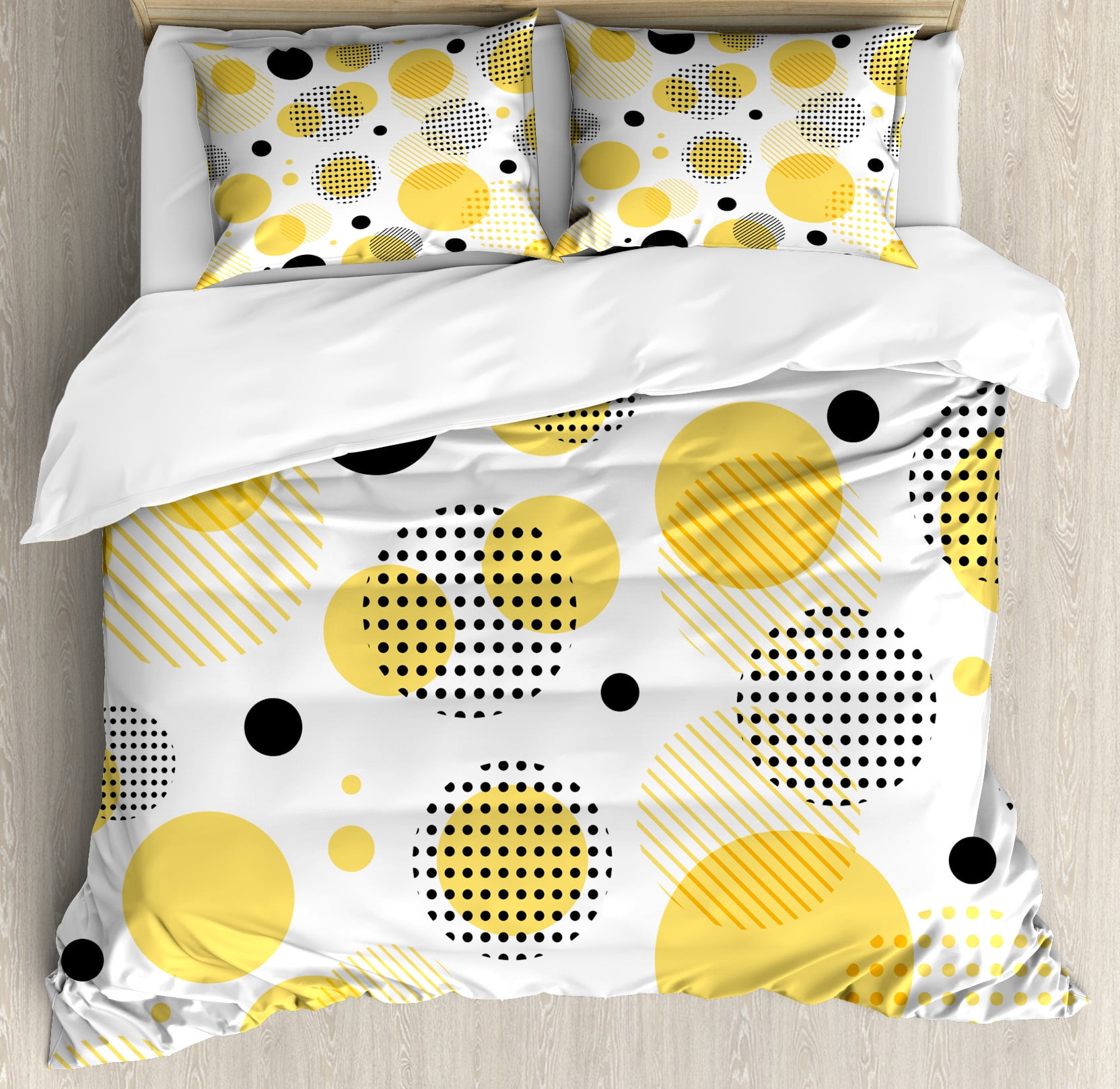 Yellow Polka Dot Duvet Cover Set, Pattern of Stripes Circular Shapes ...