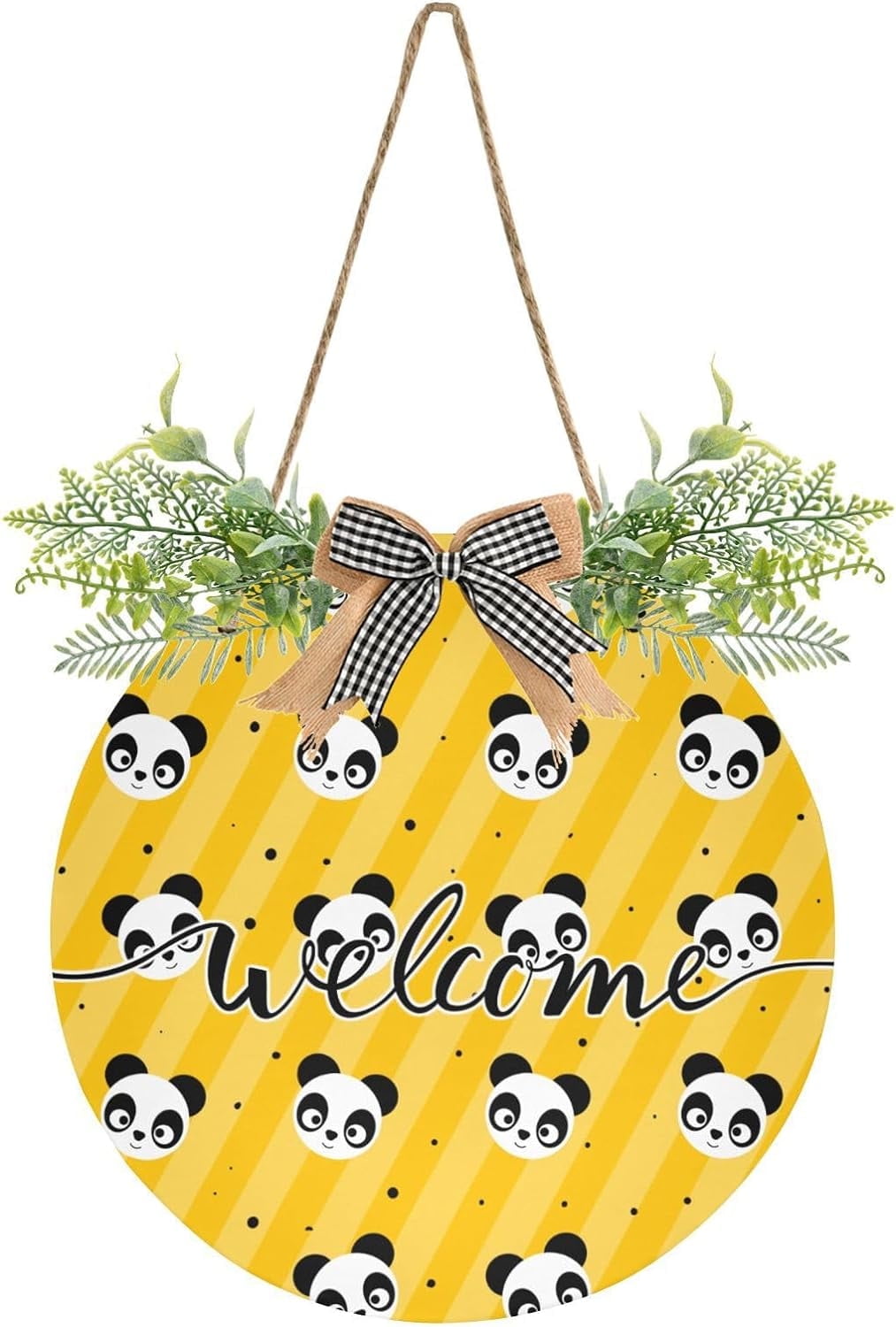 Yellow Polka Dot Panda Welcome Sign Farmhouse Front Porch Door Hanging ...