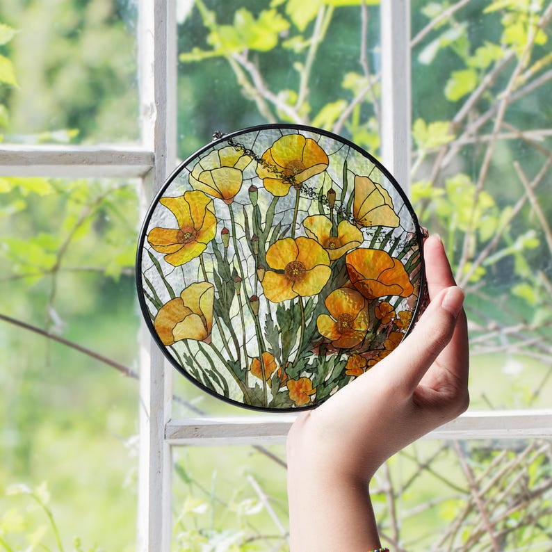 Yellow Poppies Glass Suncatcher, California Flowers Faux Suncatcher ...