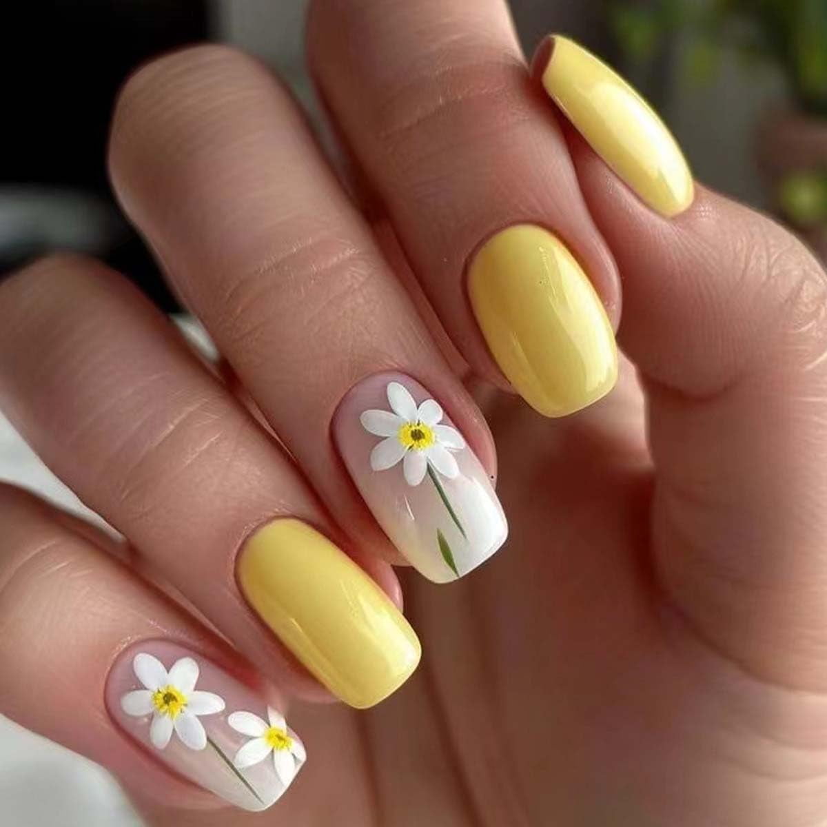 Yellow Press on Nails Medium Square Fake Nails Nails Press ons with ...