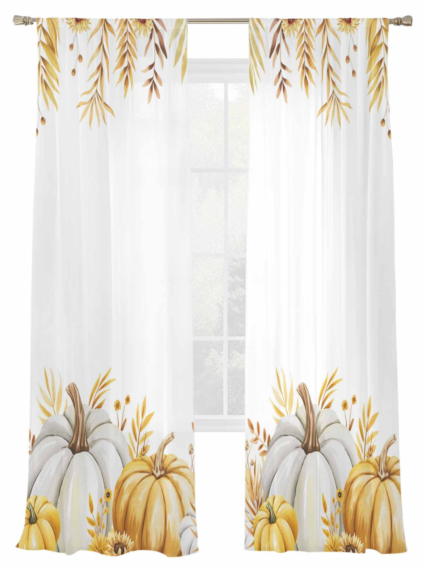 Yellow Pumpkin Leaf Sheer Curtains 84 inches Long, Fall Harvest ...