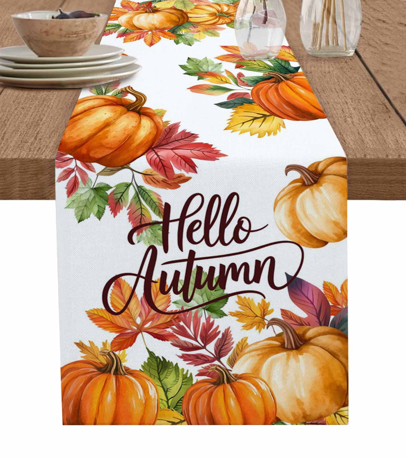 Yellow Pumpkins Table Runner Farmhouse Watercolor Botanical ...