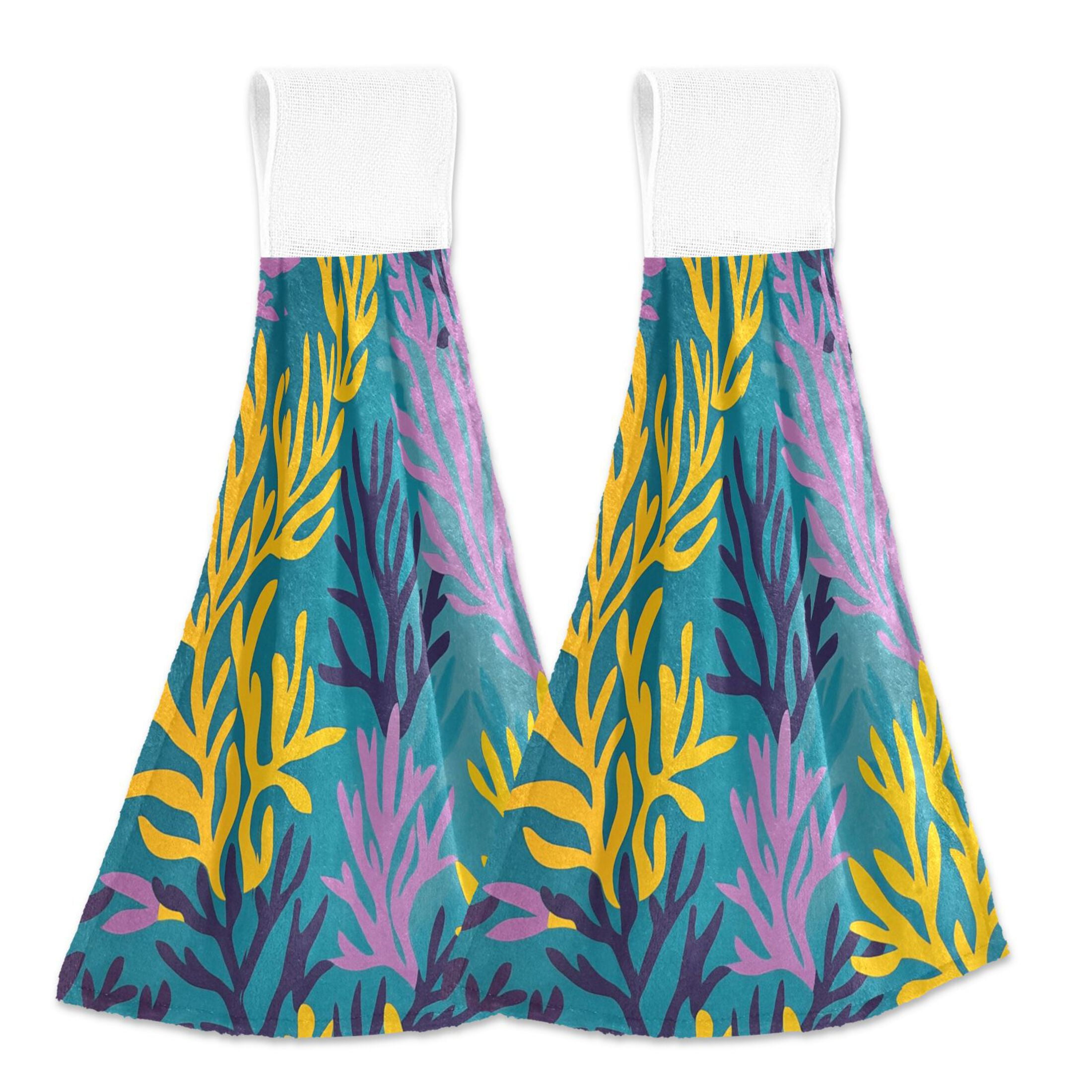 Yellow Purple Corals Tropical Hanging Towels with Loop Hand Towels ...
