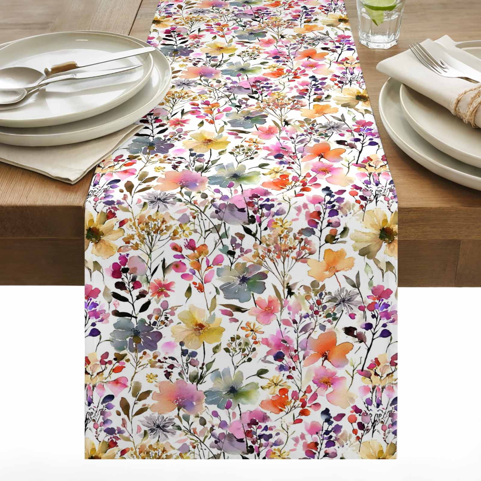 Yellow Purple Floral Cotton Linen Table Runner Watercolor Spring Yellow ...
