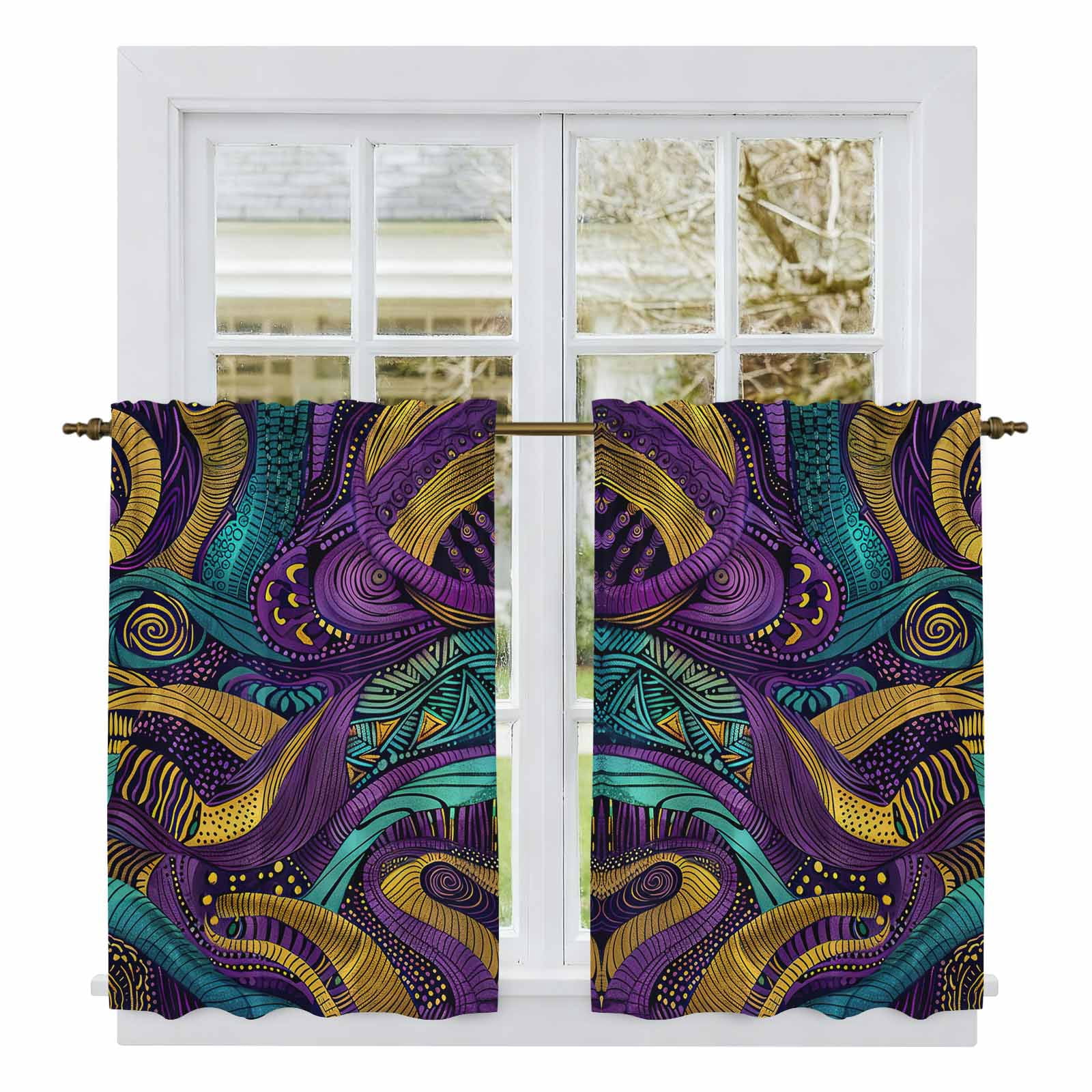 Yellow Purple Green Kitchen Curtains, Modern Abstract Art Geometric ...