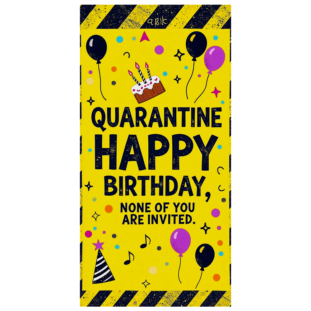 Yellow Quarantine Themed Birthday Banner with Party Hat Balloons Cake ...
